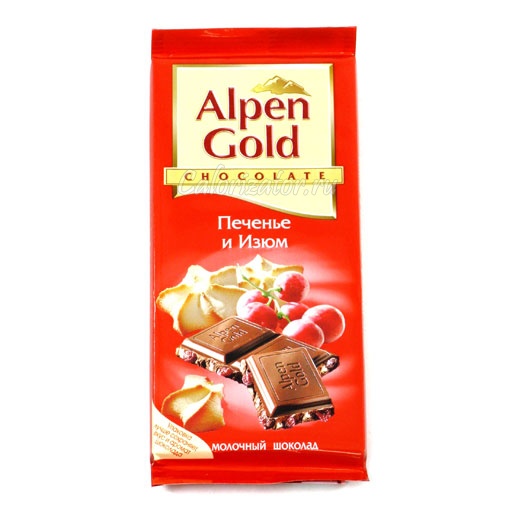 Шоколад Alpen Gold Печенье и Изюм - калорийность, полезные свойства ...
